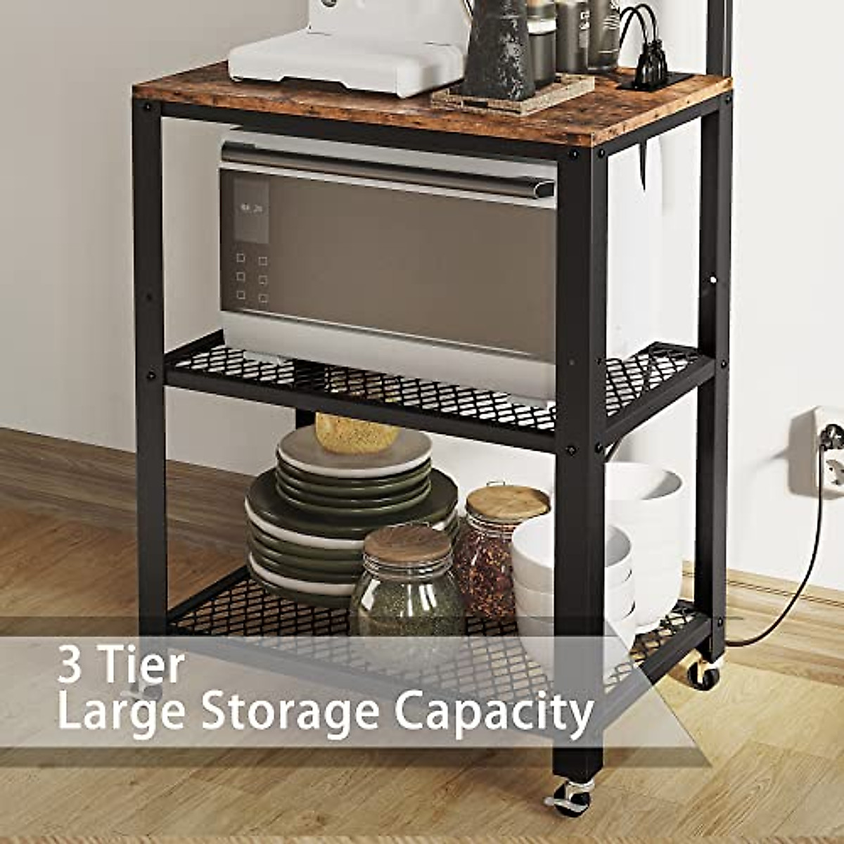 IRONCK Bakers Rack with Power Outlet, Industrial Microwave Cart with Wheels 3-Tier Coffee Bar for Kitchen Living Room Vintage Brown