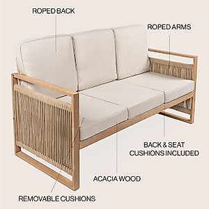 JONATHAN Y SFB1002A Gable 3-Seat Mid-Century Modern Roped Acacia Wood Outdoor Sofa with Cushions Scandinavian, Classic, Transitional, Industrial for Backyard, Patio, Porch, Beige/Light Teak