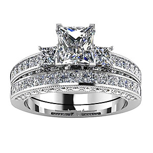 White Gold Filled 2pcs Womens Wedding Ring Sets Bridal Sets Heart cut Cz Engagement Ring Wedding Bands