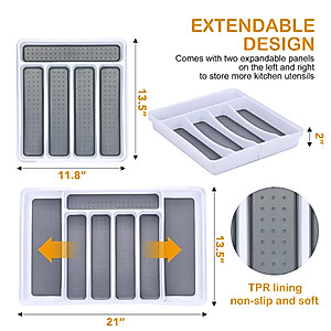 CiWiVOKi Utensil Drawer Organizer, Expandable Silverware Organizer for Kitchen Drawer, Large Cutlery Tray Flatware Holder, Plastic Kitchen Storage for Spoons Knives Forks, 7-Slots, White/Grey