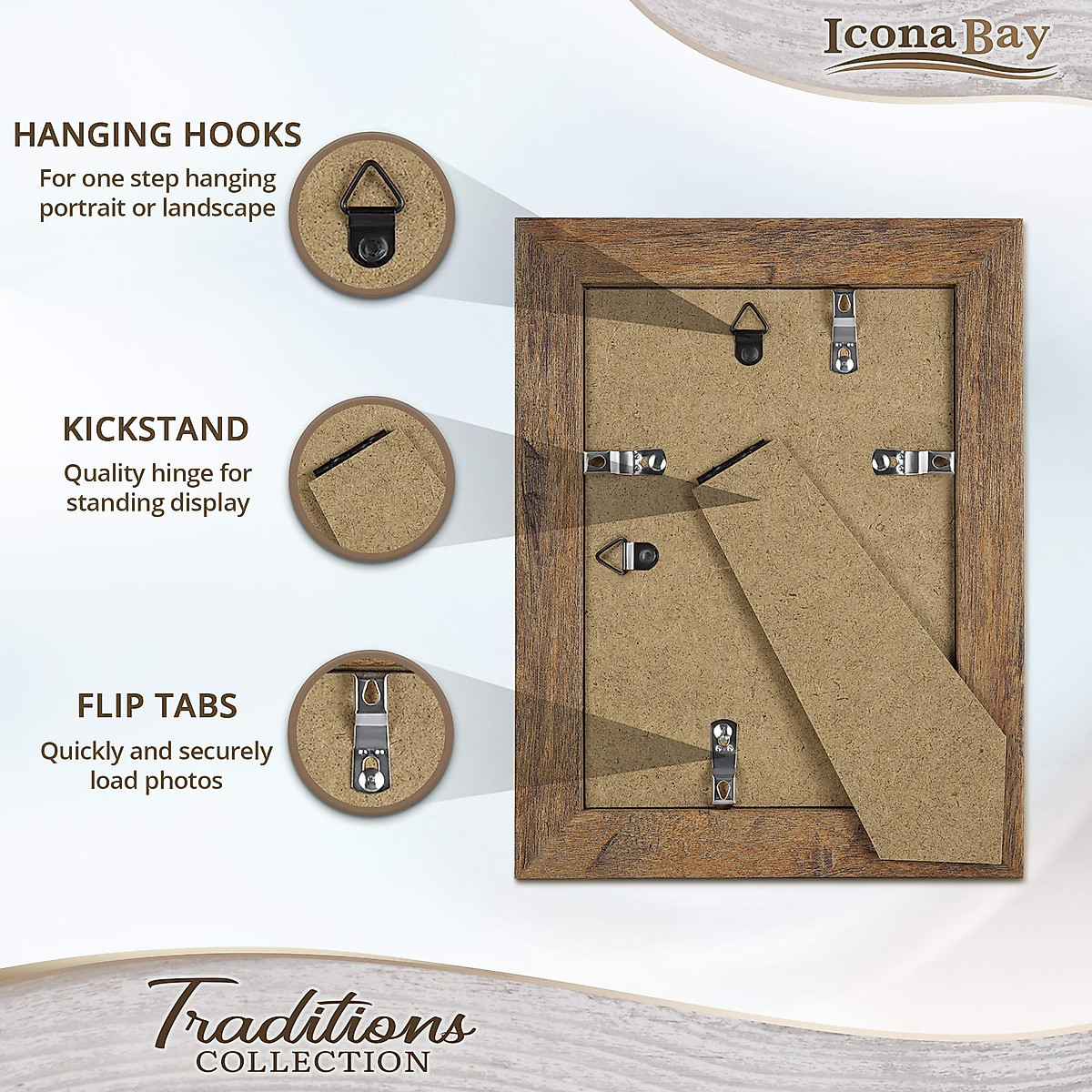 Icona Bay 5x7 Chestnut Brown Picture Frame, Rustic Wood Pattern, Lightly Distressed Frame for Table Top Display or Wall Mount, Traditions Collection