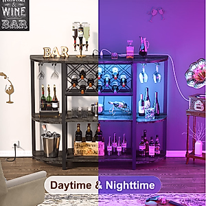 Unikito 4-Tier Metal Coffee Bar Cabinet with Outlet and LED Light, Freestanding Floor Bar Table for Liquor with Glass Holder and Wine Rack Storage, Wine Bakers Rack for Kitchen Dining Room, Gray Oak