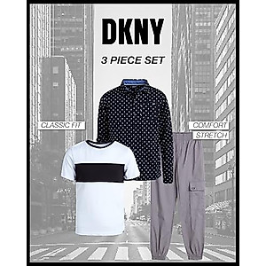 DKNY Boys' Pants Set - 3 Piece Long Sleeve Button Down Plaid Shirt, T-Shirt, Jogger Pants - Clothing Set for Boys (4-12), Size 8, Black
