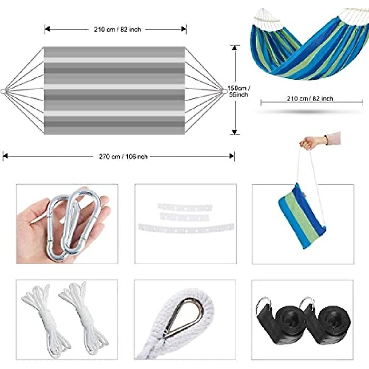 Double Brazilian Hammock 2 Person Canvas Cotton Fabric Hammock with Trees Strap for Patio Garden Balcony Porch Backyard Outdoor and Indoor