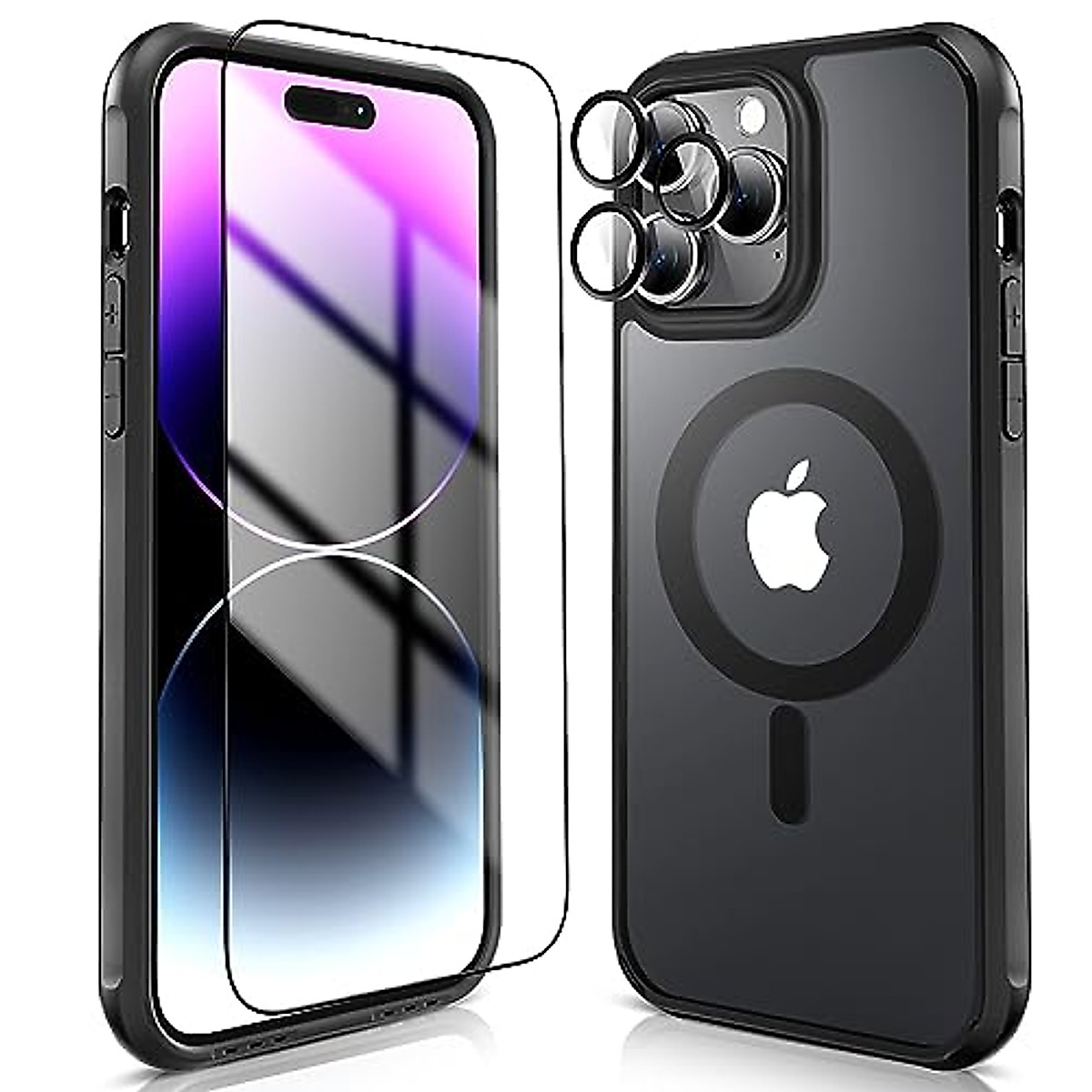 TXXTOL 3 in 1 Magnetic iPhone 14 Pro Case Compatible with Magsafe iPhone 14 pro Case Magsafe+ Screen Protector + Camera Lens Protector Raised Edges Protect Camera and Screen Black+Clear 6.1 Inch
