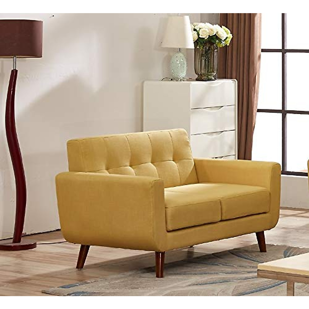 Container Furniture Direct Jenny Linen Uphostered Mid-Century Modern Button Tufted Living Room Loveseat, Mustard Yellow