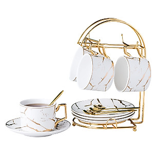 Jusalpha Serve of 4- Hand Printed Golden Matte Ceramic Marble Tea Coffee/Tea Cups with Spoons and Cup Holder, 7OZ -TCS26 (White/Gold, Serve of 4)
