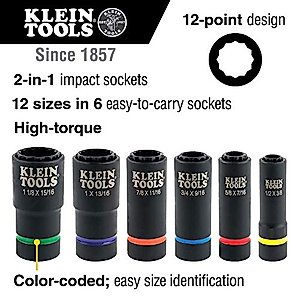 Klein Tools 66010 2-in-1 Impact Socket Set, 6-Piece Tool Set with 12-Point Deep Sockets with 1/2-Inch Drive, Includes Tool Case