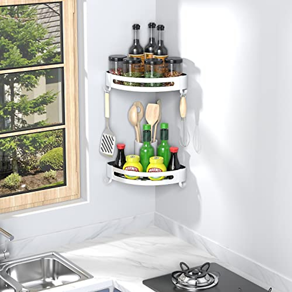 2 Pack Corner Shower Caddy,Waterproof Shower Shelf ,Bathroom Shower Organizer,No Drilling Shower Shelves , Thickened Anti-Rust Space Aluminum Shower Caddy, Shower Organizer with 4 Hooks (Silver)