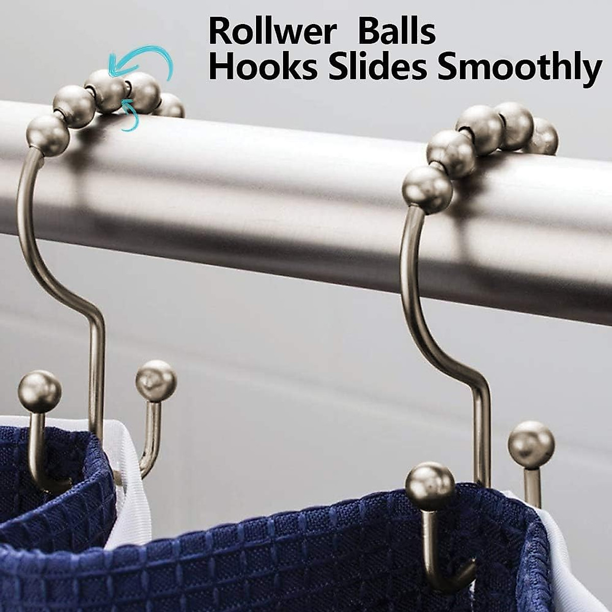 DAWNER Shower Curtain Hooks, Rust Proof Metal Easy Glide Double Rings, Stainless Steel Hangers for Bathroom Curtains, Set of 12, Brushed Nickel