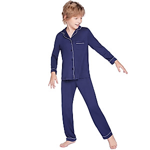 luxilooks Big Boys Cotton Button-Front Pajamas Sets 2 Piece Sleepwear Long Pj Set Casual Lougewear Soft Nightwear(Navy Blue,7-8Y)