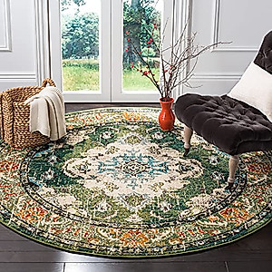 SAFAVIEH Monaco Collection Area Rug - 6'7" Round, Forest Green & Light Blue, Medallion Distressed Design, Non-Shedding & Easy Care, Ideal for High Traffic Areas in Living Room, Bedroom (MNC243F)