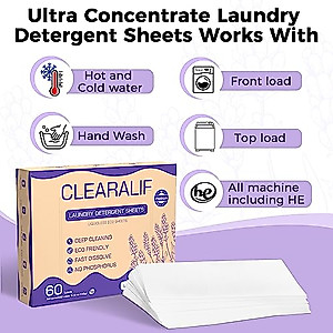 CLEARALIF Laundry Detergent Sheets, Up to 60 Loads, Fresh Lavender, liquidless, Eco-Friendly, Zero Waste, Save Space, Travel Laundry Strips for HE Machine