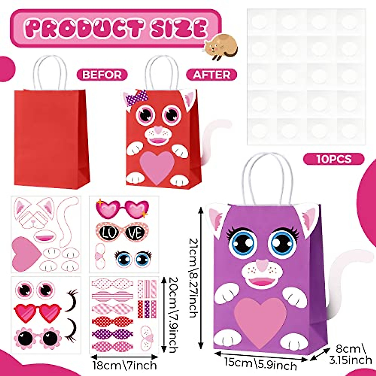 12 Pcs Valentine Treat Bags for Kids, Cat DIY Valentine Candy Treat Bags Kraft Paper Gift Bags Valentine Goodie Bags with 18 Accessories for Snack Party Favor and Students Classroom Gift Exchange