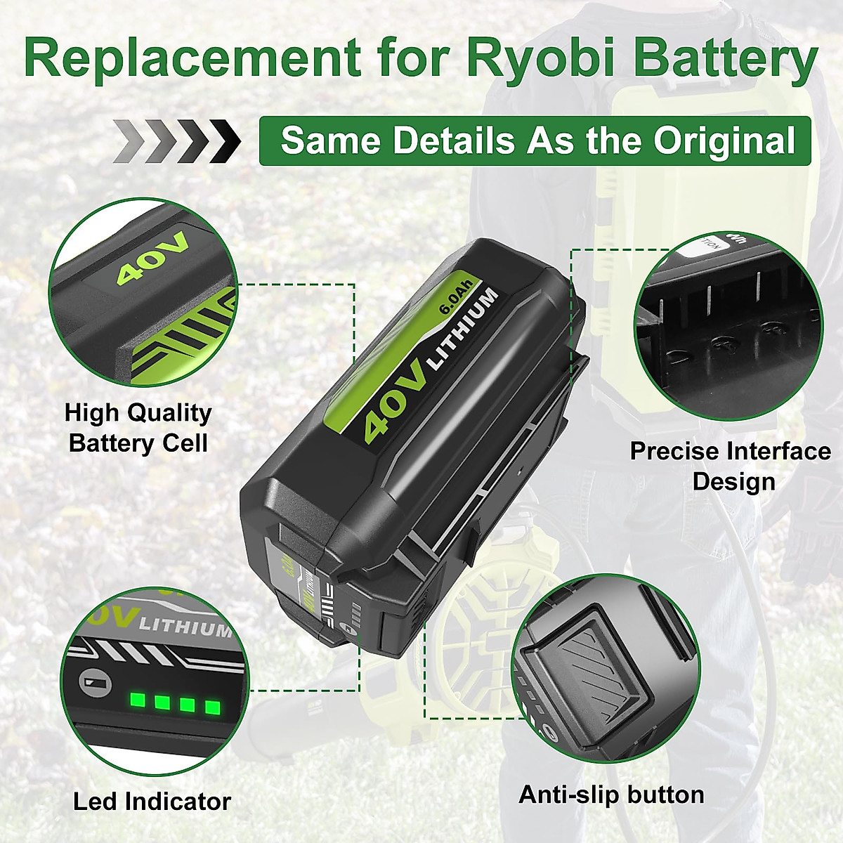 2 Pack 6.0Ah 40 Volt Replacement for Ryobi 40V Battery and Charger Kit Compatible with Ryobi 40 Volt Battery Lithium OP4040 OP40401 OP4026 OP40261 OP4050 OP40201 OP40601 (Green)