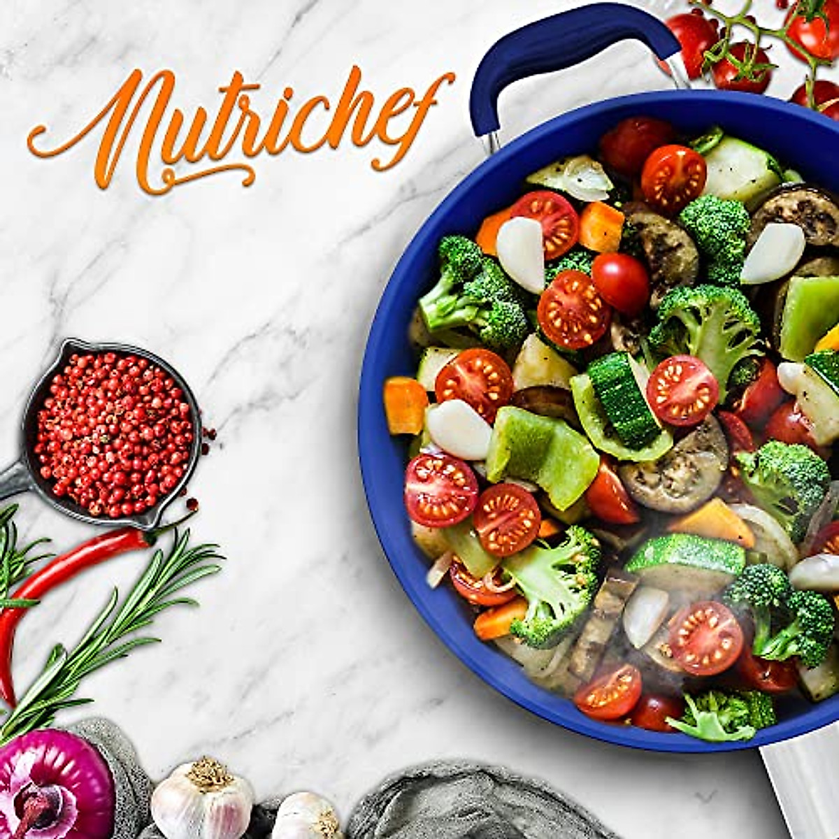 NutriChef 14" Fry Pan With Lid - Extra Large Skillet Nonstick Frying Pan with Silicone Handle, Ceramic Coating, Blue Silicone Handle, Stain-Resistant And Easy To Clean, Professional Home Cookware