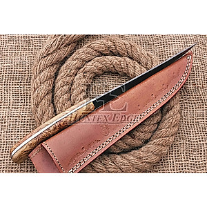 HUNTEX Handmade Hand-Forged Twist Pattern Damascus Steel 11.5 Inch Long Full Tang Olive Wood Handle Razor Sharp Hunting Camping Fillet Knife w/Genuine Leather Pouch