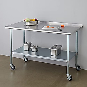 Stainless Steel Table for Prep & Work with Caster & Backsplash 30x60 Inches, NSF Metal Commercial Kitchen Heavy Duty Table with Adjustable Under Shelf and Table Foot for Restaurant, Home and Hotel