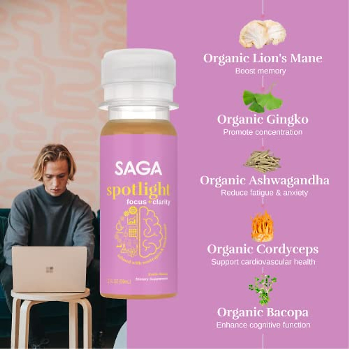 SAGA Spotlight Mushroom Energy Shots, Nootropic & Adaptogen Brain Focus, Cognitive Supplement Functional Beverage with Organic Lion’s Mane, Cordyceps, Gingko and Bacopa, Vegan, Exotic Guava, 6 Pack