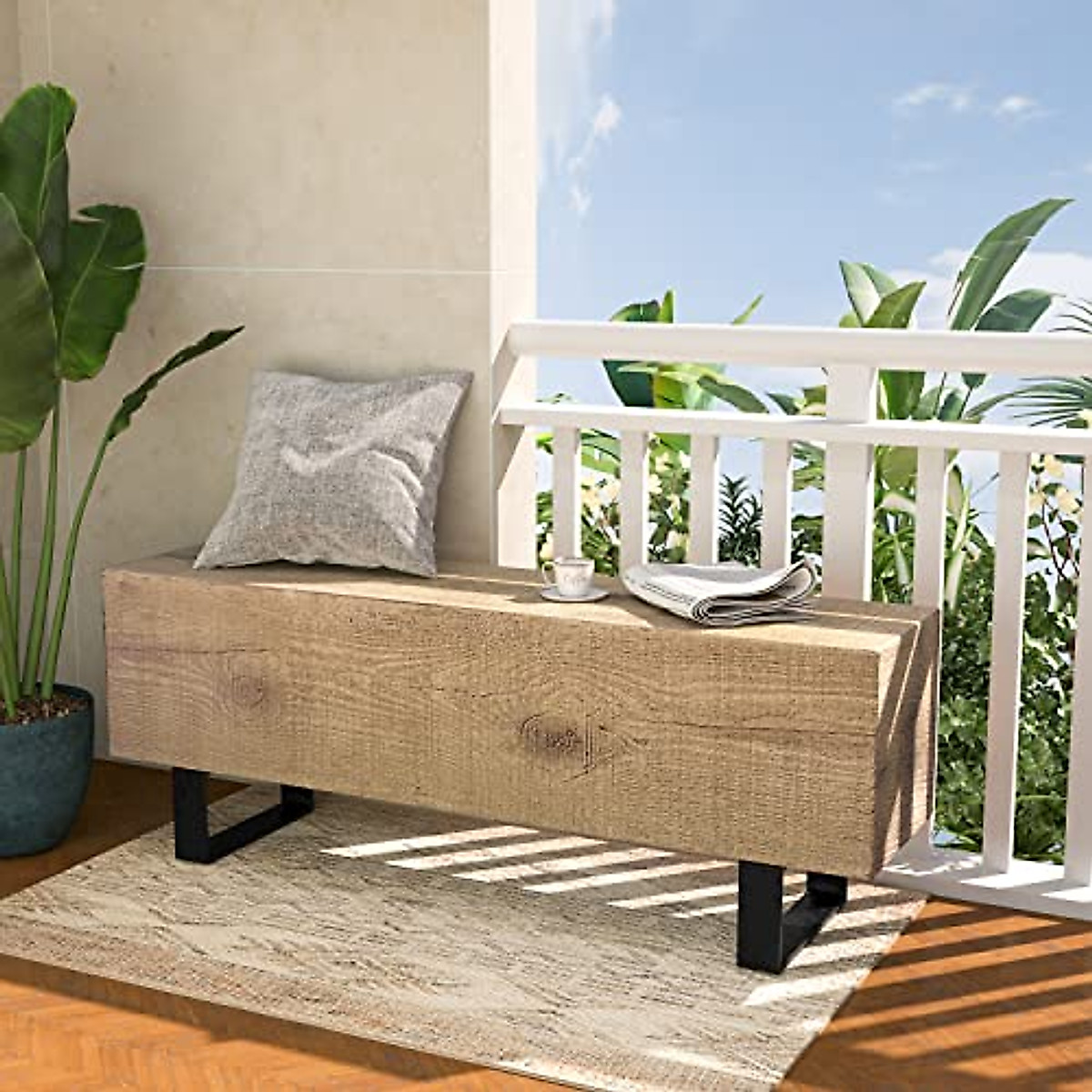 SUNBURY Outdoor Patio Concrete Bench, Wooden Look Bench for Patio, 48" Garden Bench Log Table, MgO and Rustic Metal Legs in Light Brown for proch Backyard