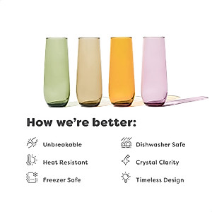 TOSSWARE RESERVE 9oz Stemless Flute - Color Series SET OF 4, Premium Quality, Tritan Dishwasher Safe & Heat Resistant Unbreakable Plastic Champagne Glasses