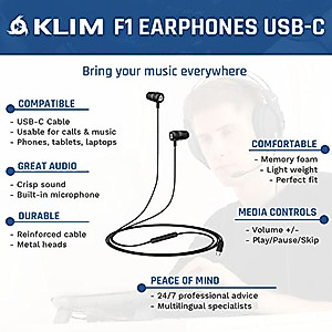 KLIM F1 USB C Earphones + New Version + Excellent Audio Quality + Durable USB C Headphones with Microphone + 5-Year Warranty + Wired USB C Earbuds Compatible Huawei Sony Samsung Headphones Type C