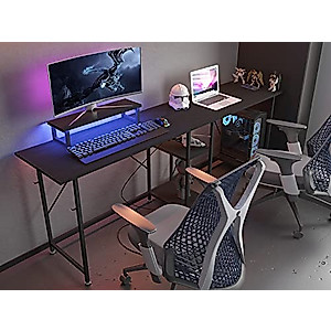 DLIUZ l Shaped Computer Desk with Monitor Stand and Power Outlets,Gaming Desk with Storage Shelf and LED Lights,Home Office Reversible Corner Modern Desk or 2 Person Long Table with Hooks (Black)