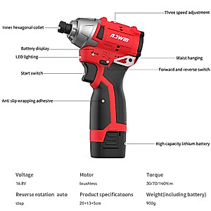 Cordless Impact Driver Kit 16.8V Max Torque 140Nm（105ft-lbs）High Rotation Electric Impact Driver Brushless Motor Continuously Variable Rechargeable 1/4" impact driver 2.0Ah Batteries