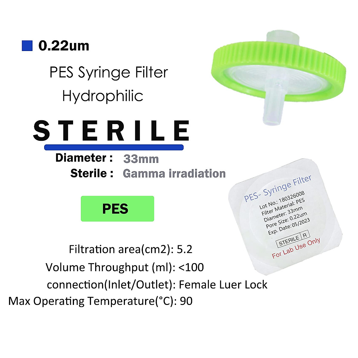 Sterile Syringe Filter PES with 20ml Plastic Syringe, luer Slip Syringe for Liquid
