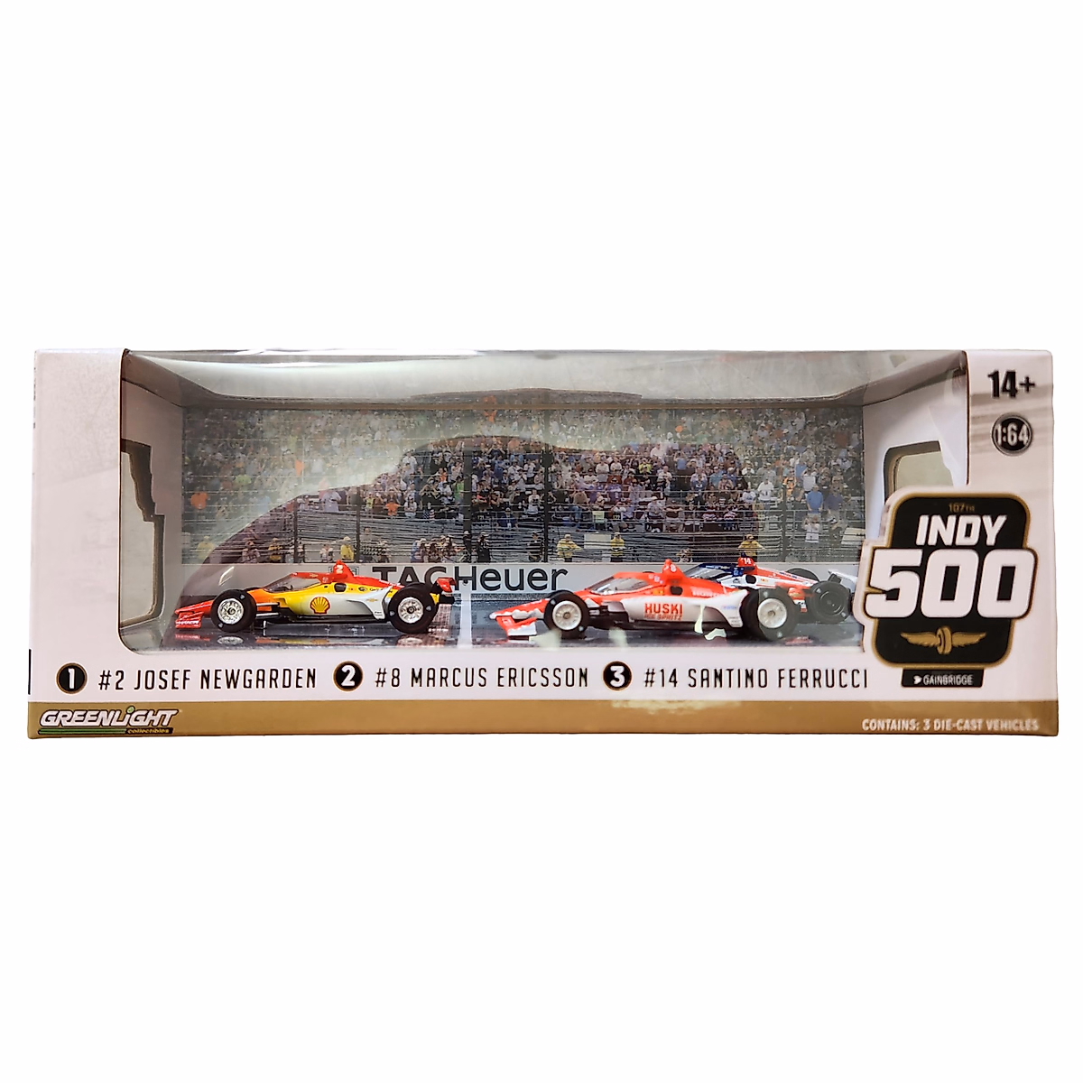 Greenlight 11581 2023 Indianapolis 500 Podium 3-Car Set #2 Josef Newgarden, 8 Marcus Ericsson, 14 Santino Ferrucci 1:64 Scale Indy 500 in Diorama Display Box