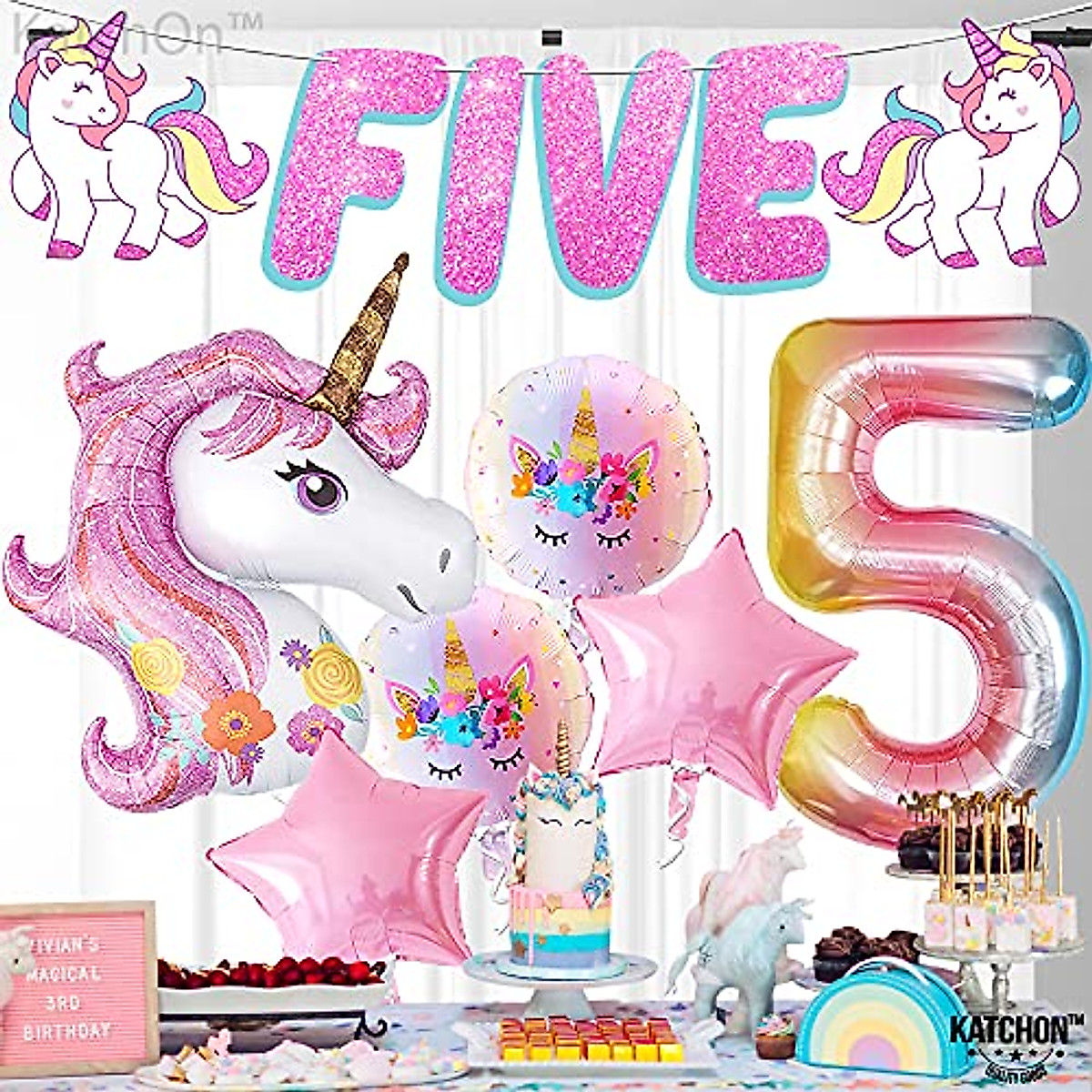 KatchOn, Unicorn 5th Birthday Decorations Girl - Glitter Five Banner, Number 5 Balloon 40 Inch | Giant Unicorn Balloons, 43 inch | Unicorn Decorations for Birthday Party | Unicorn Party Decorations