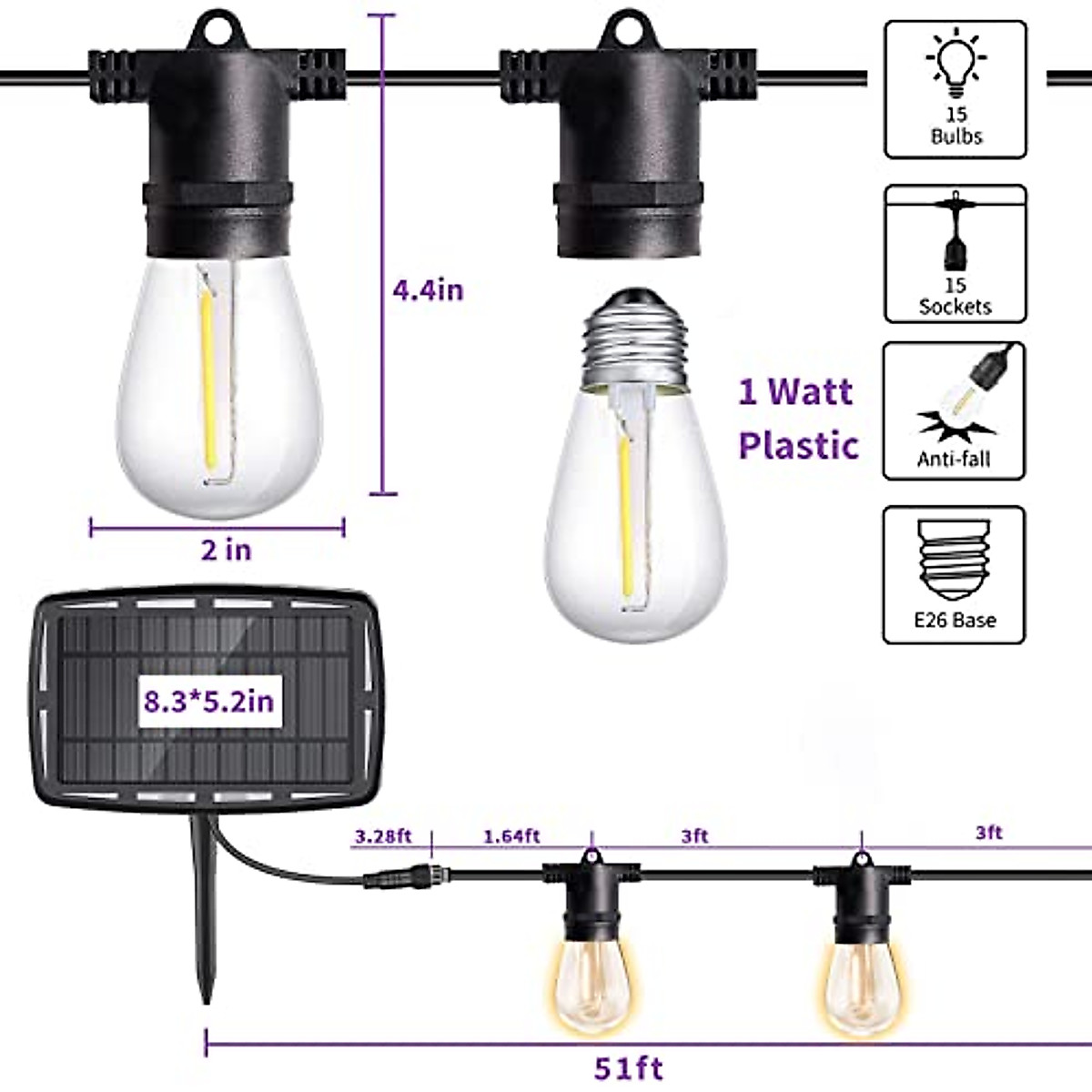 51FT Solar String Lights Outdoor Waterproof, 17PCS Edison Patio Lights Solar Powered Outdoor String Lights with Shatterproof for Patio, Backyard, Party, Garden (Warm White)