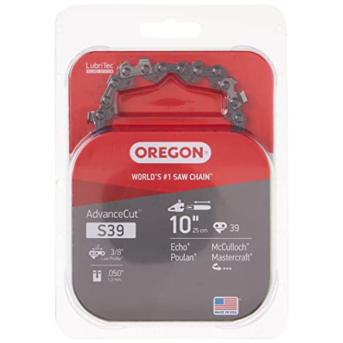 Oregon S39 AdvanceCut Replacement Chainsaw and Pole Saw Chain for 10-Inch Guide Bars, 39 Drive Links, Pitch: 3/8" Low Vibration, .050" Gauge, Fits Atlas, Makita, Poulan, and More,Gray