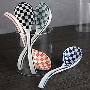 Porcelain Soup Spoons Asian Soup Spoon Set of 4 Large Chinese Soup Spoon Curved Handle Korean Ramen Spoons for Pho Ramen Noodles Wonton Dumpling Rice (Model 3#)