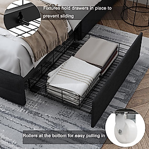 Modern Upholstered Bed Frame with 4 Storage Drawers, Platform Bed with Adjustable Button Tufted Headboard, Solid Wooden Slat Support, Easy Assembly, Full Size, Black