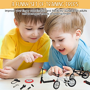 Zomiboo 18 Pieces Finger Toy Set Including Alloy Finger Bikes, Finger Scooter, Finger Pants, Replacement Wheels, Bike Lock and Mini Tools Movement Party Favors(Black, White, Blue)