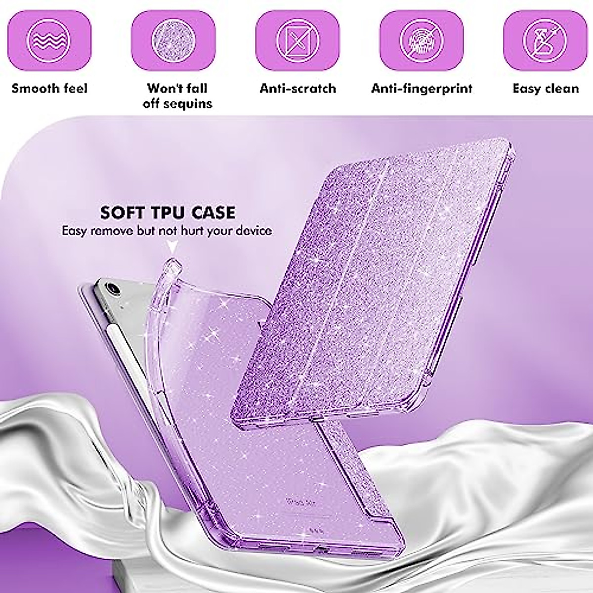 INFILAND Compatible with iPad Air 5th Generation Case 2022, iPad Air 4th Generation Case 2020 10.9 inch, Glitter Leather Cover with Sparkly Crystal Clear Back, Pencil Holder, Anti-Yellowing, Purple