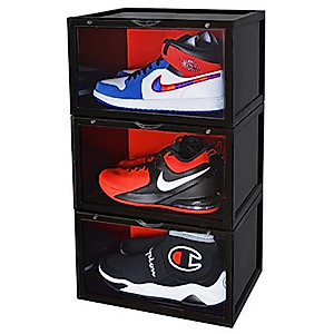 ShoeBaks 3 Pack Shoe Display Case Stackable Shoe Box and Storage Container Organizer for Shoes Sneakers and Boots Clear Transparent Magnetic Door Black and Red