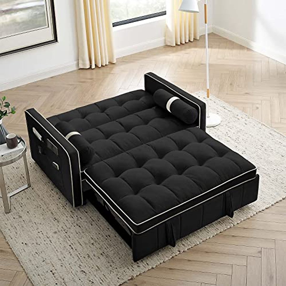 JEEOHEY Sleeper Sofa Couch w/Pull Out Bed, 55.5" New Upgraded Tufted Velvet Convertible Sleeper Sofa Bed, Small Love seat Sofa Bed w/ 2 Pillows for Small Space, Living Room, Apartment, Black