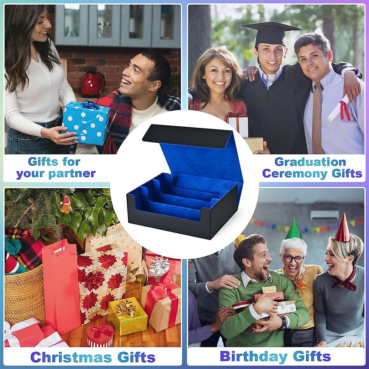 UAONO Card Storage Box for Trading Cards, 1800+ PU Leather Commander Card Deck Case, Magnetic Closure Card Holder Fits for Magic Game Cards (Black&Blue)