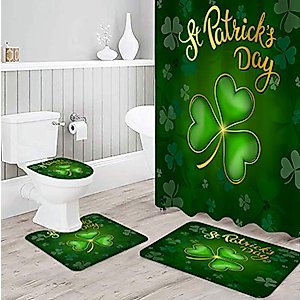 Singingin St. Patrick's Day Bathroom Sets with Shower Curtain and Rugs Green Clover Shower Curtain Sets with Rugs,Toilet Lid Cover and Bath Mat,Non-Slip Rugs and Waterproof Bath Curtain with Hooks