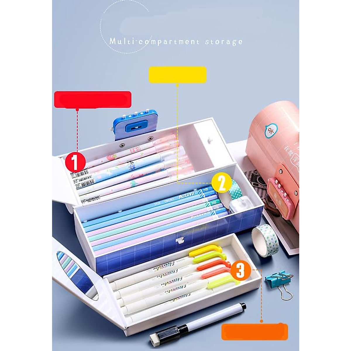 YJCHCT Pencil Case, Large Capacity Pencil Case Organizer; Double Combination Lock Double Layer Storage Box ; Big Pencil Pouch for Teen Girl Boy (lock purple dino)