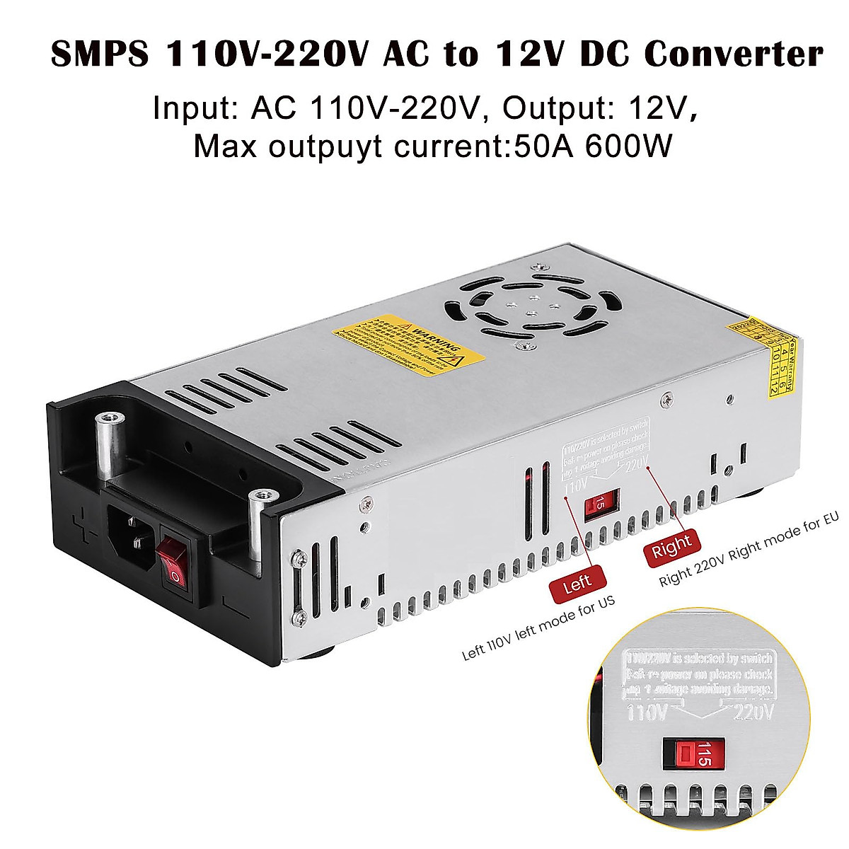 New Version AC to DC Converter,Titoe SMPS 110V-220V AC to 12V DC Converter Power Supply Adjustable Switch Power Supply Transformer Max 50A 600W Built in Cooling Fan