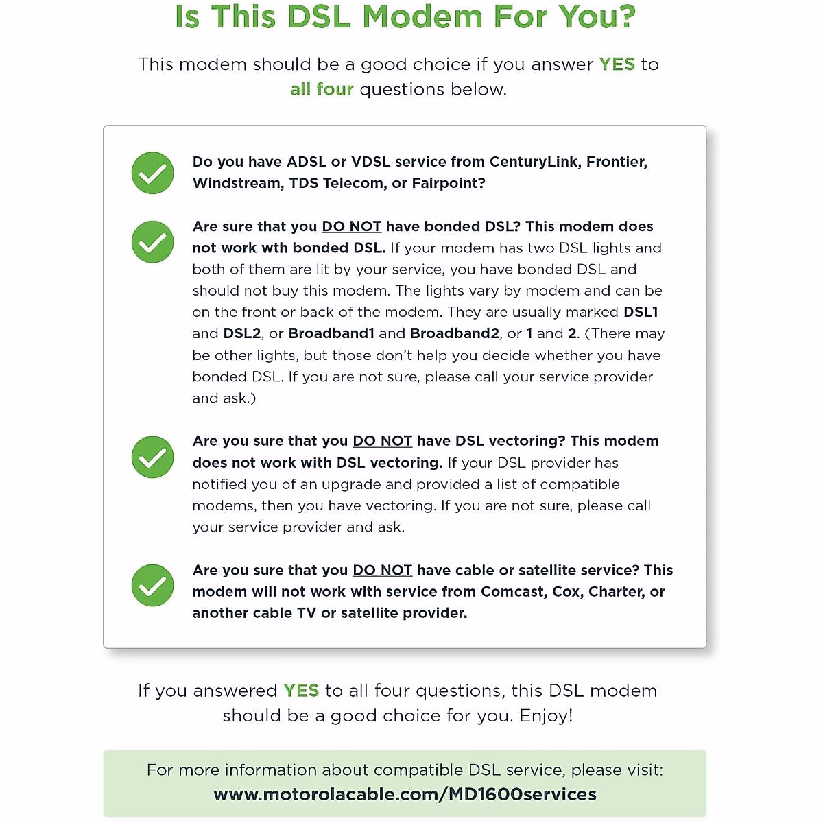 MOTOROLA VDSL2/ADSL2+ Modem + WiFi AC1600 Gigabit Router, Model MD1600, for Non-Bonded, Non-Vectoring DSL from Frontier and Some Other DSL Providers (Renewed)
