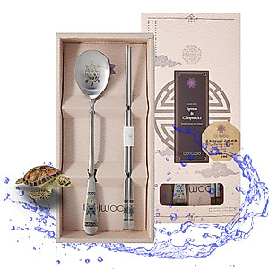 BALWOO [Made in Korea] Hologram Turtle Design Korean Table Sticky Rice Spoon and Chopsticks 304 Stainless Steel Flat Chopsticks Matt Surface Mukbang Cutlery (Blue)