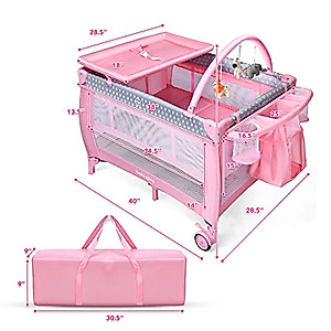 HONEY JOY Pack and Play with Bassinet, 3 in 1 Portable Baby Playard with Infant Full-Size Bassinet & Changing Table, Diaper Stacker, Foldable Play Yard Nursery Center w/Toy Bar, Oxford Bag (Pink)