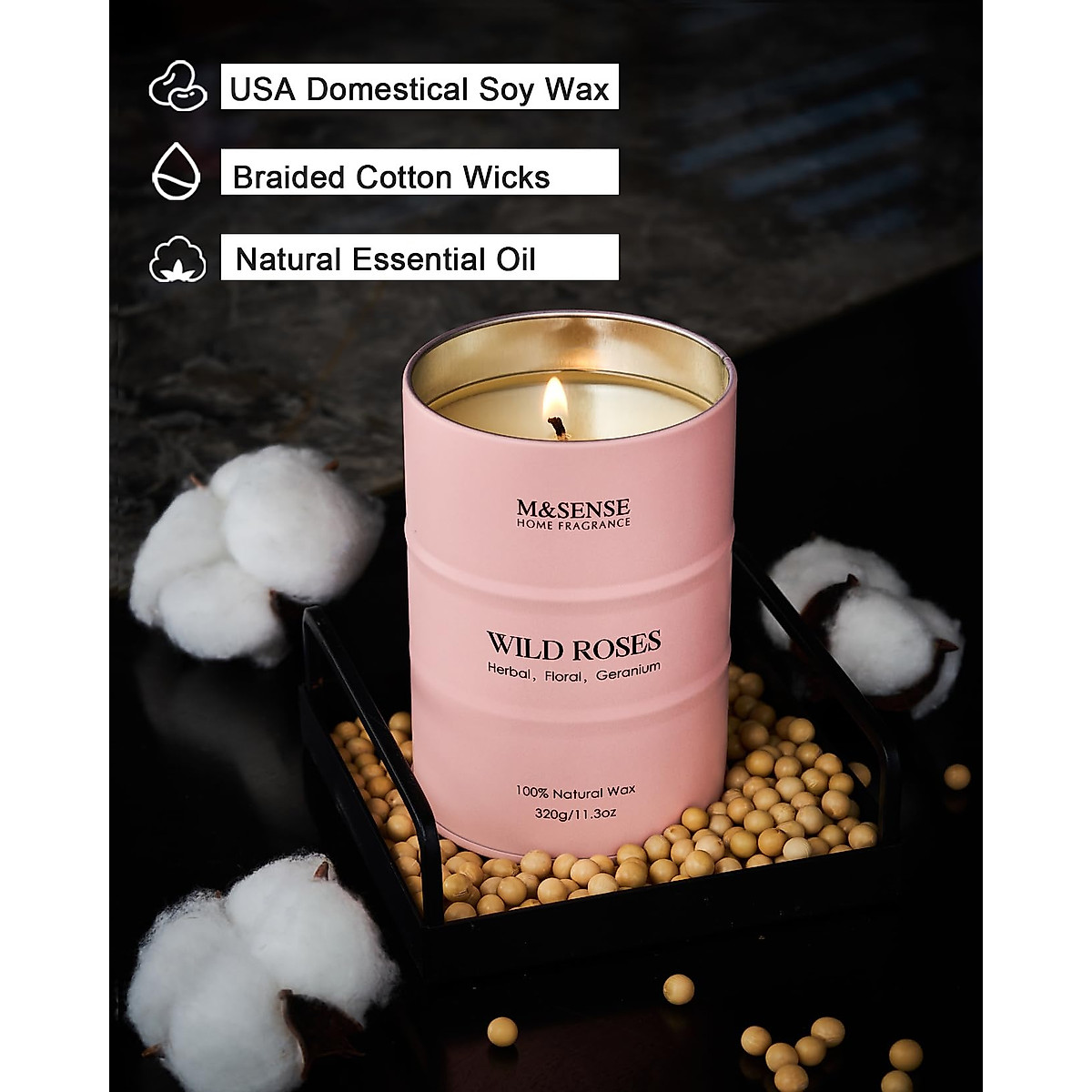 M&SENSE Wild Rose Natural Scented Candle, 70 Hours Long Lasting Soy Candles 11.3oz, Stress Relief Aromatherapy Candles for Women, Romantic Candle Gifts Valentines Day Gifts for Her