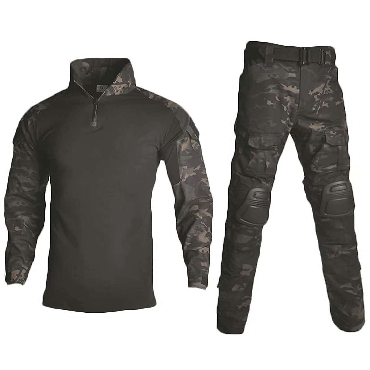 Lilychan Men's Military Uniform Airsoft Tactical Army Suits Combat Shirt Pants Paintball Gear with Knee Pads-Black Camo,L/34