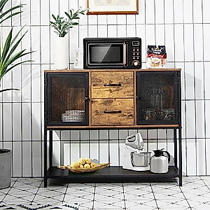 QZWCQ Buffet Storage Cabinet, 39" Kitchen Sideboard with Open Shelf, Industrial Buffet Sideboard Kitchen Cupboard with Metal Mesh Doors & 2 Drawers for Kitchen Hallway Entry Living Room Dining Room