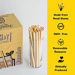 HAY! Straws | Jumbo Tall 8" Drinking Straws | 250 Count Bulk Straws | 5-7.5mm diameter | Reed Stem Straws |100% Plant-based | Certified Compostable Disposable Straws